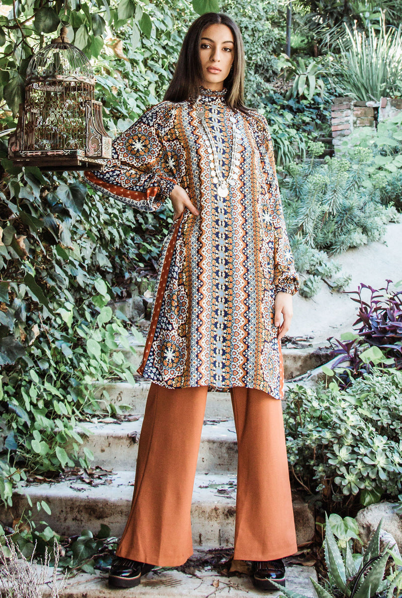 Rust Boho Mock Neck Dress - Yoga Clothing by Daughters of Culture
