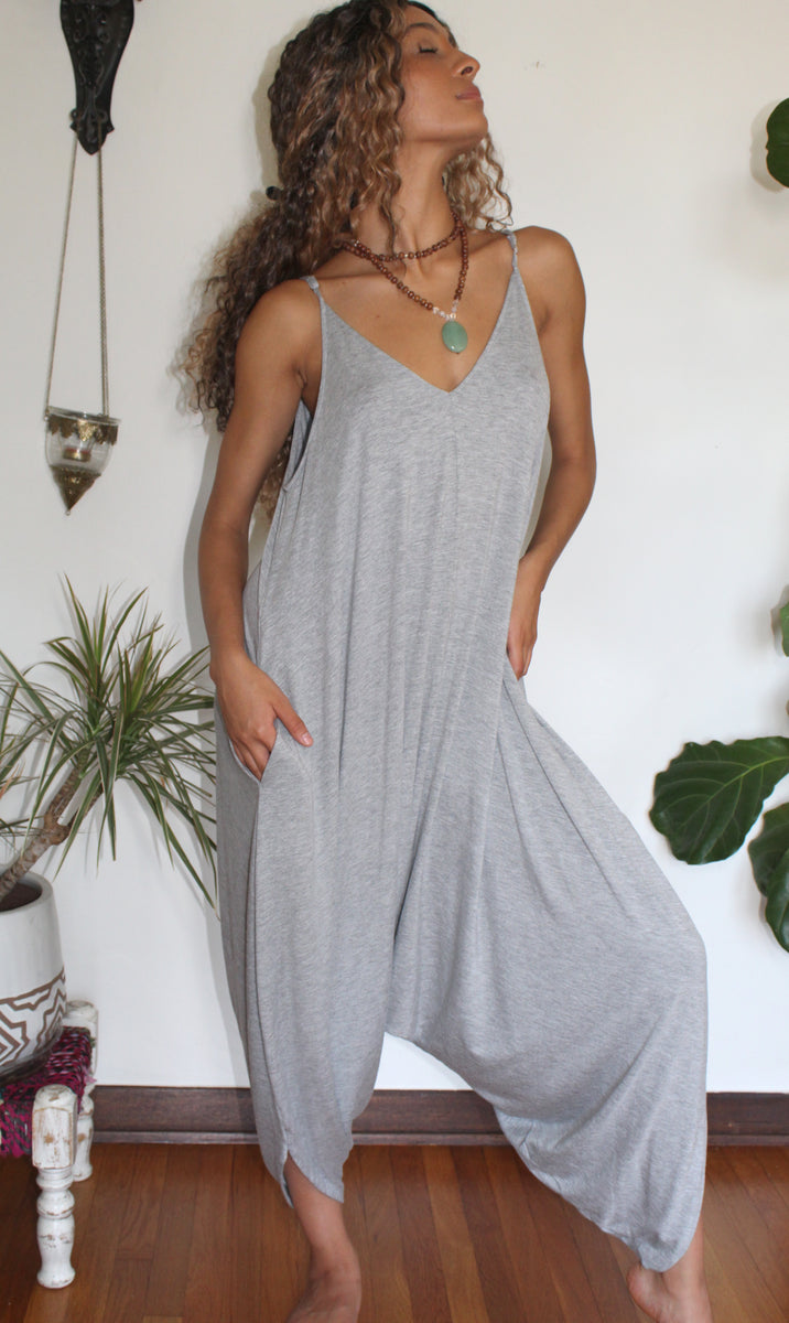 Heather Grey Yoga Knit Jumpsuit with Pockets - Yoga Clothing by ...