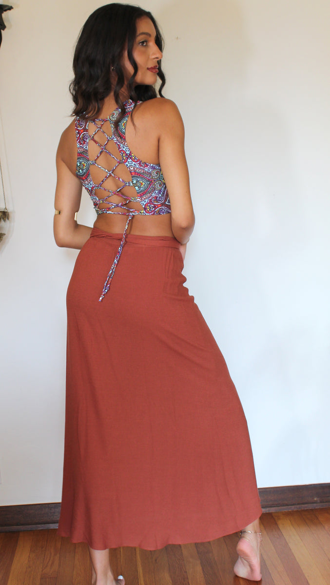 Rust Wrap Skirt - Yoga Clothing by Daughters of Culture