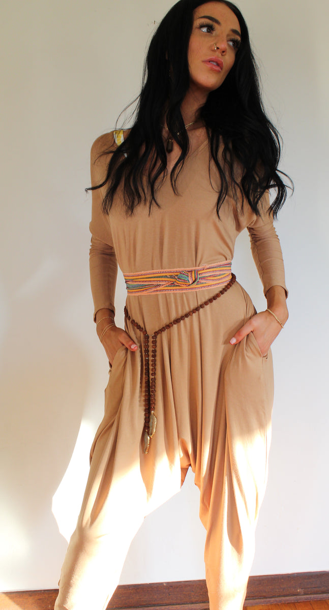 Tan Long Sleeve Knit Yoga Harem Jumpsuit - Yoga Clothing by Daughters ...