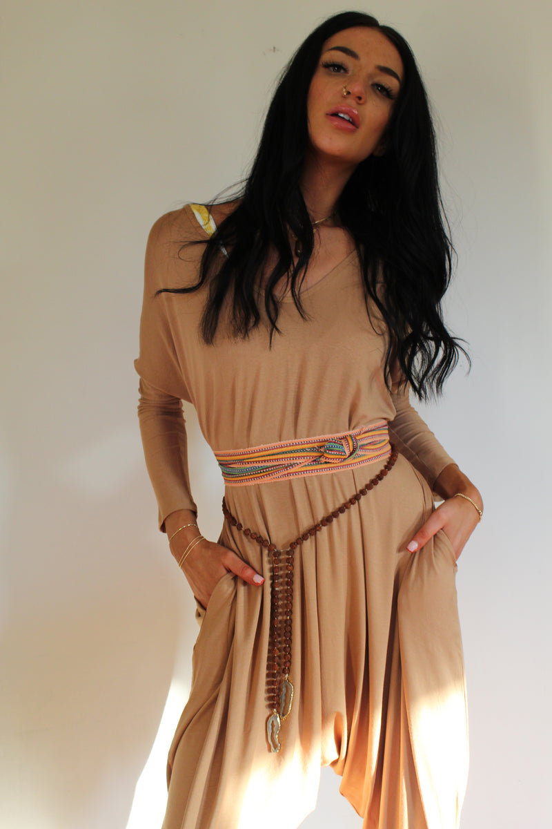 Tan Long Sleeve Knit Yoga Harem Jumpsuit - Yoga Clothing by Daughters ...